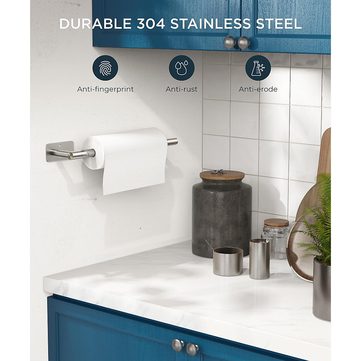 FORIOUS Under Cabinet Paper Towel Holder for Kitchen Bar Sink, Brushed Nickel Paper Towel Holder Under The Cabinet, Self Adhesive Paper Towel Holder Stainless Steel, Wall Mount Paper Towel Roll Holder