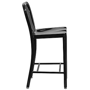 BizChair Commercial Grade 24" H Black Metal Indoor-Outdoor Counter Stool w/Slat Back