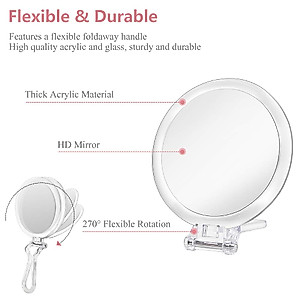 Cheftick Double Sided Hand Held Mirror - 1X & 7X Magnifying Travel Makeup Mirror with Adjustable Folding Handle, Portable, Transparent & Round (6")