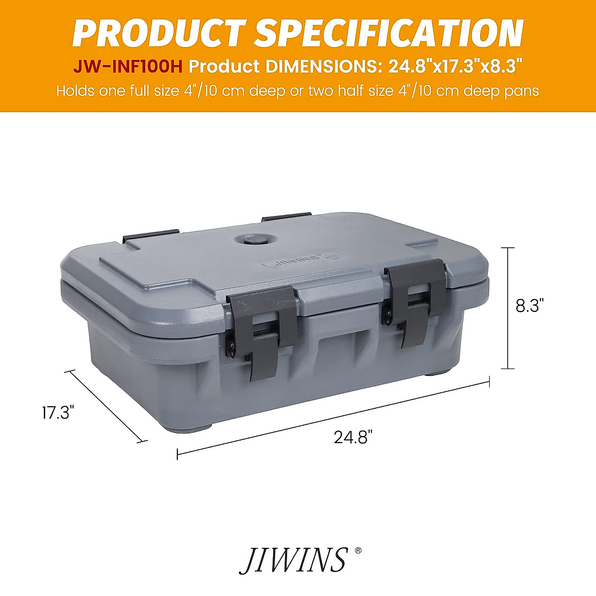 Jiwins Insulated Food Pan Carrier, Top Loader Pan Carrier, Stackable, for Restaurant Canteen, Gray, Suitable for 4" Deep Pans