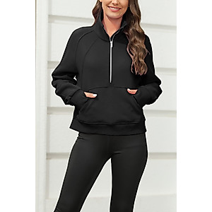 Womens Sweatshirts Half Zipper Crop Pullover Funnel Neck Fleece Lined Zip Up Long Sleeve Tops Thumb Hole Black
