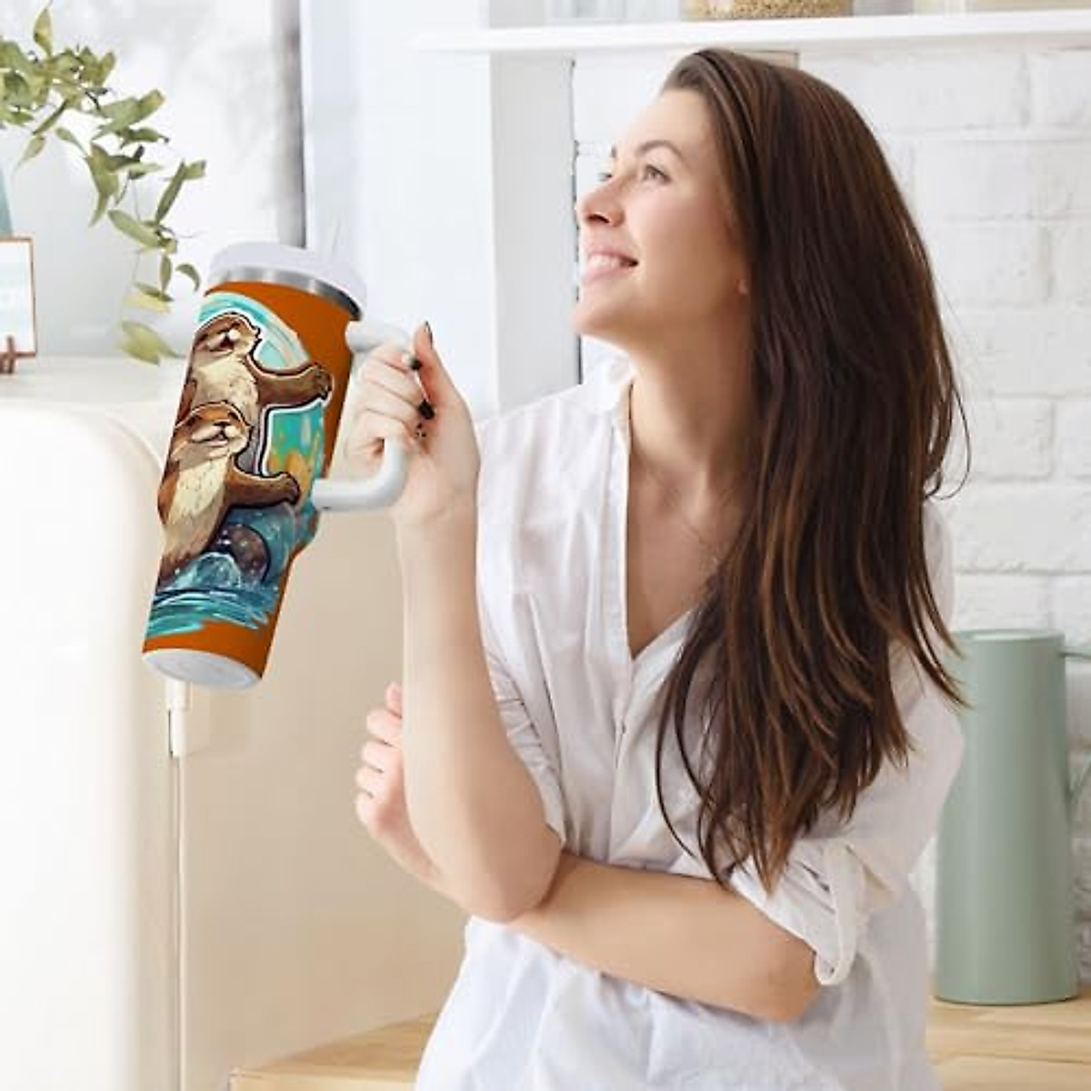 Exnundod 40 oz Tumbler with Handle Cartoon Sea Otters Insulated Stainless Steel Cup with Lid and Straw Travel Cup Leak-proof Fits in Car Cup Holder for Iced & Hot