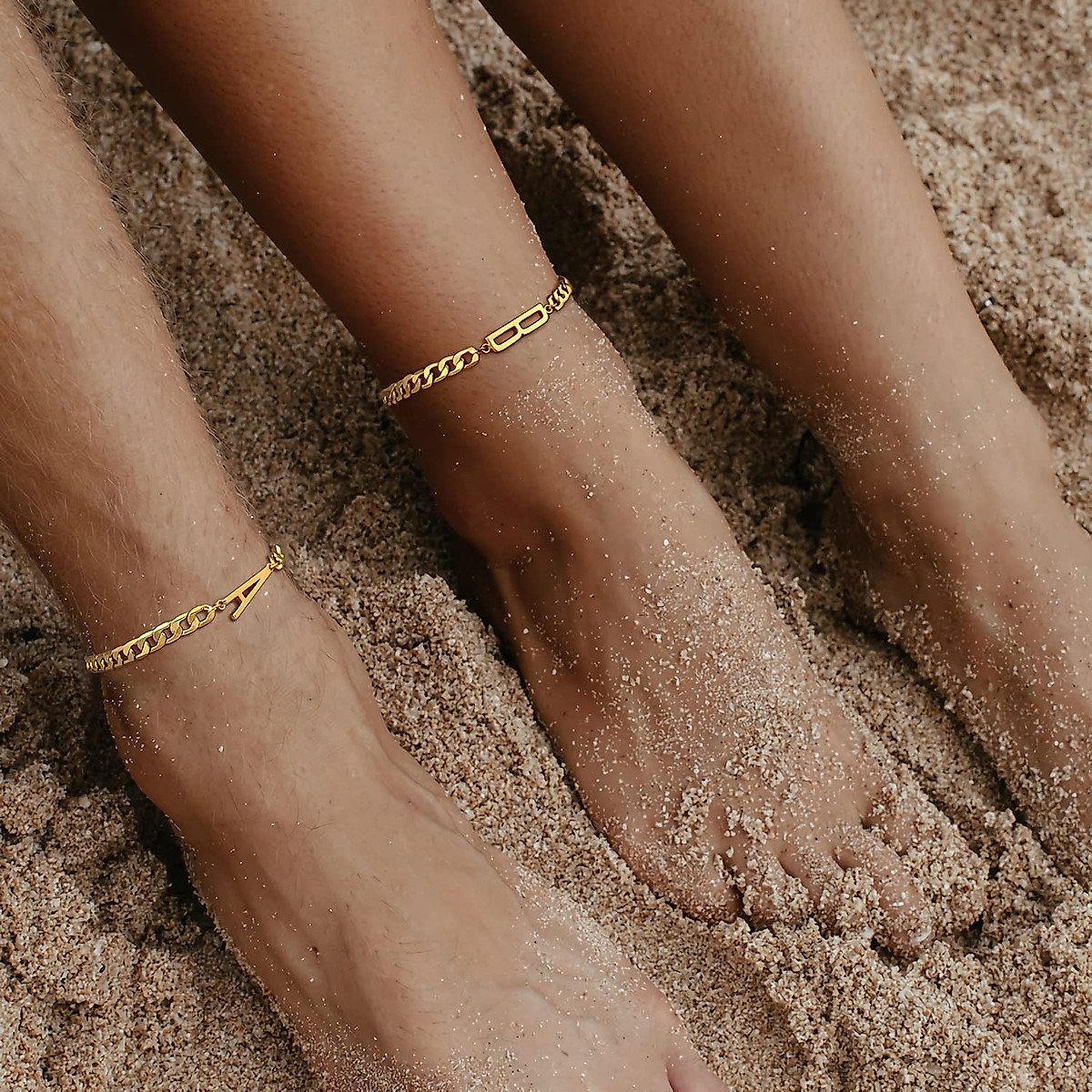 MRSXIA Anklet for Women Gold Initial Sideways Letter C 5MM Cuban Link Curb Foot Chain 18K Gold Filled Dainty Simple Personalized Alphabet Summer Beach Jewelry Birthday Gift