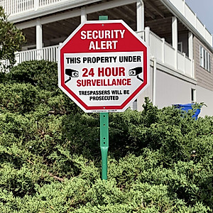 SmartSign 10" x 10" 'Security Alert Property Under 24 Hour Surveillance, Trespassers Prosecuted' Yard Sign with 3 ft Stake, 40 mil Laminated Aluminum, Red/Black/White, Set of 1, USA-Made