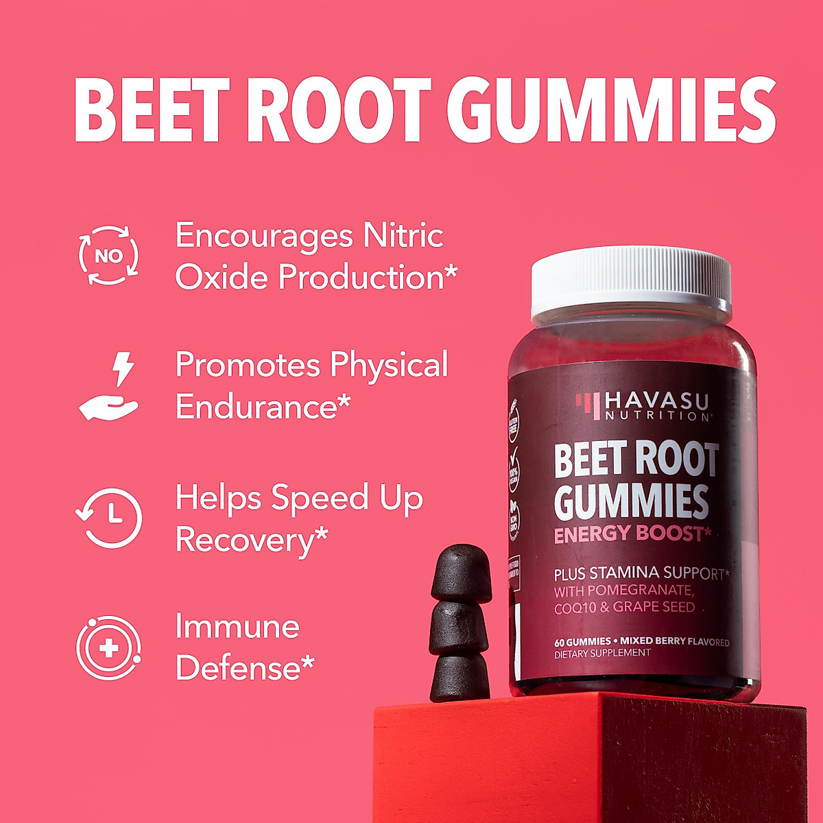 Beet Root Gummies with COQ10 & Pomegranate - Nitric Oxide Supplement for Men and Women - Endurance, Performance, Recovery - Vegan, Non-GMO, Gluten Free - Mixed Berry Flavor, 1 Month Supply