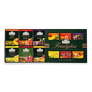 Ahmad Tea Black & Green Tea, Fruitytea Assorted Sampler Variety Gift Box, 60 Foil Teabags - Caffeinated & Sugar-Free