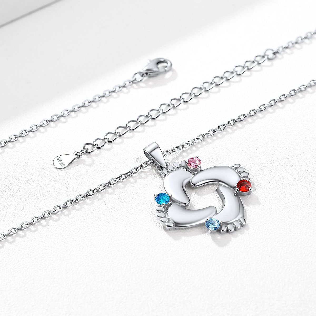 ChicSilver Sterling Silver Custom Feet Pendant Necklace for Women Personalized Mothers Necklace with 4 Simulated Birthstones 4 Names Engraved Mother Day Jewelry Gift for Mom Grandma