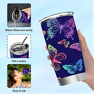 Blueangle 12oz Tumbler with Lid and Straw, Stainless Steel Vacuum Insulated Water Coffee Tumbler Cup,Rainbow Butterflies Travel Mug Thermal Cup for Hot and Cold Drinks（84）