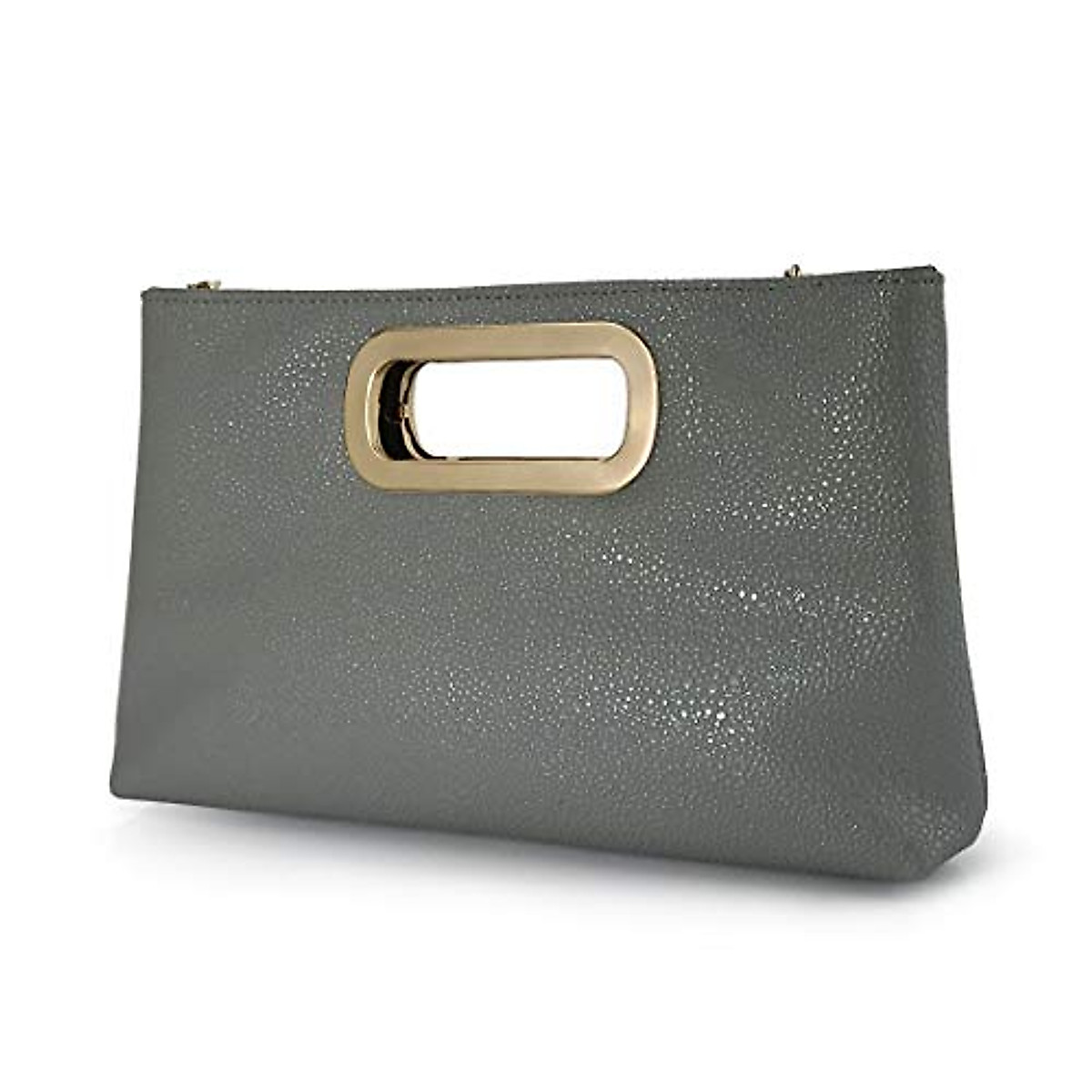 Women Glossy Patent Leather Clutch Cut Out Metal Handle Chain Shoulder Handbag (Grey)