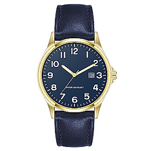 Amazon Essentials Men's Easy to Read Strap Watch, Gold Tone and Navy Strap