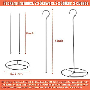 6 Pieces Stainless Steel Vertical Skewer Set, (2x15''Skewers,2x9‘’Spikes& 2x6.25‘’Bases), Multifuntion Barbecue Spike& Poultry Hanger Set for Webber,Bronco, Pit Barrel,Green Egg Smoker,etc