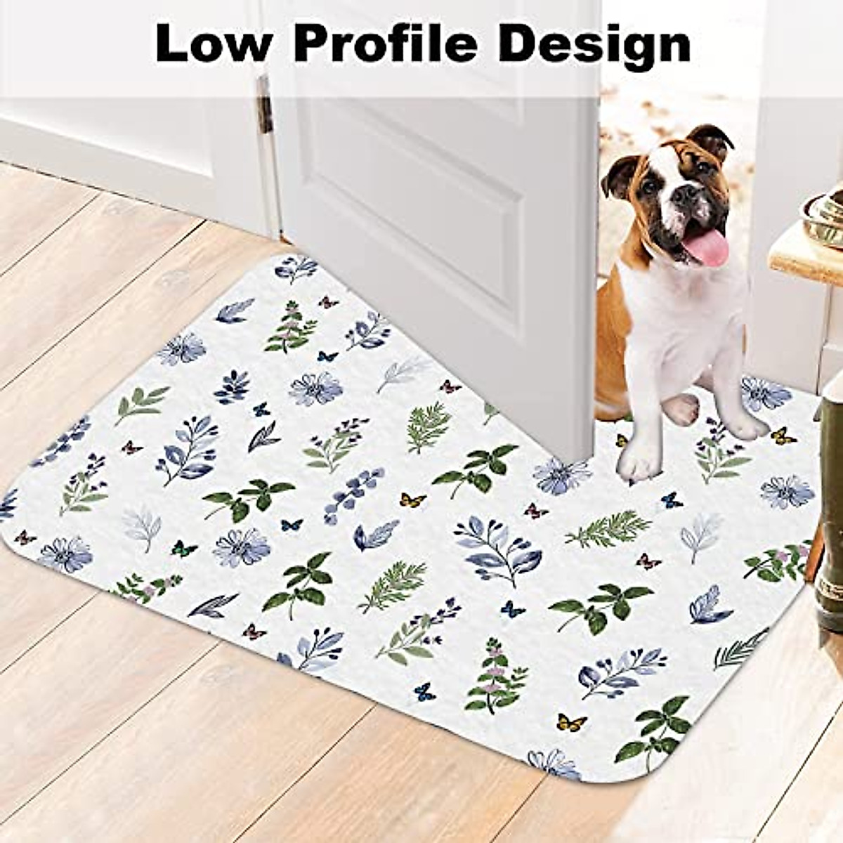 Welcome Doormat Green Leaf Flowers Butterfly White,Rubber Backing Kitchen Carpet Pastoral Botanical,Durable Washable Entry Rugs for Bedroom Dining Room Front Door Decor 16x24In