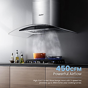 Comfee Curved Glass Range Hood 36 Inch 450 CFM 3 Speed Gesture Sensing &Touch Control Panel Stainless Steel Kitchen Ductless/Ducted Convertible with Baffle Filters and 2 LED Lights (CVG36W9AST)