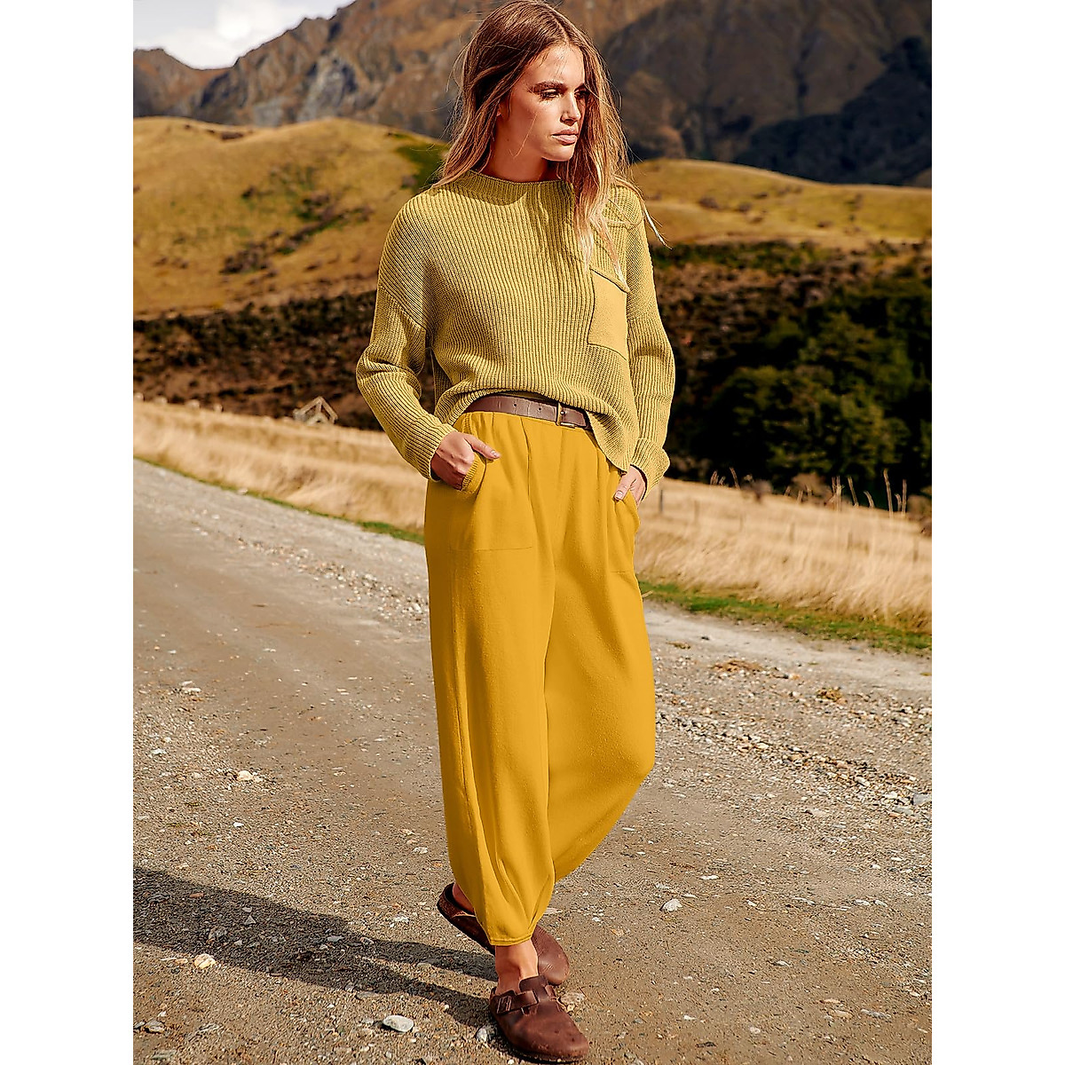 ANRABESS Women's Two Piece Outfits Long Sleeve Knit Top Fall Sweater Set Oversized Pants Tracksuit Lounge Sets Yellow Medium