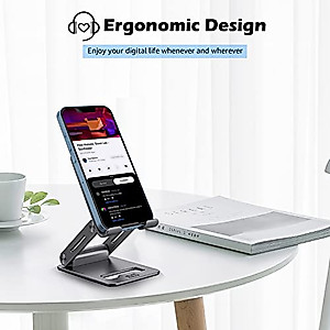 Minthouz Cell Phone Stand, Adjustable&Foldable Phone Holder for Desk, Aluminum Phone Stand with Anti-Slip Base, Compatible with iPhone 14 13 Pro Max Mini 12 11 and More 4.7''-7.9'' Smart Phones - Gray