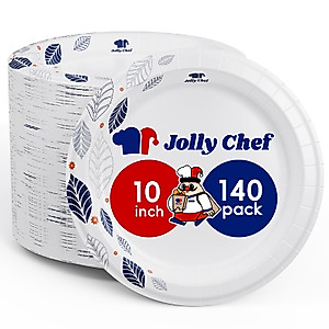 JOLLY CHEF 140 Count Paper Plates 10 inch Soak Proof, Cut Proof, Heavy Duty Leaf Printed Disposable Paper Plates for Everyday Use