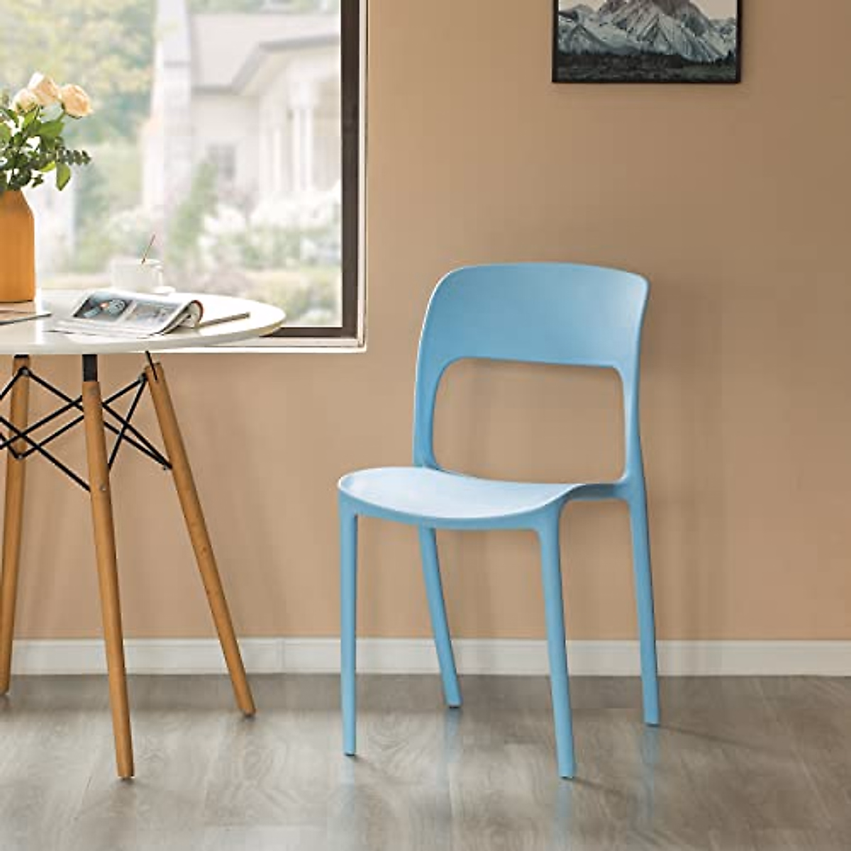 Fabulaxe Modern Plastic Outdoor Dining Chair with Open Curved Back, Blue Set of 4