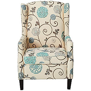 GDFStudio Westeros Traditional Wingback Fabric Recliner Chair (White & Blue Floral)