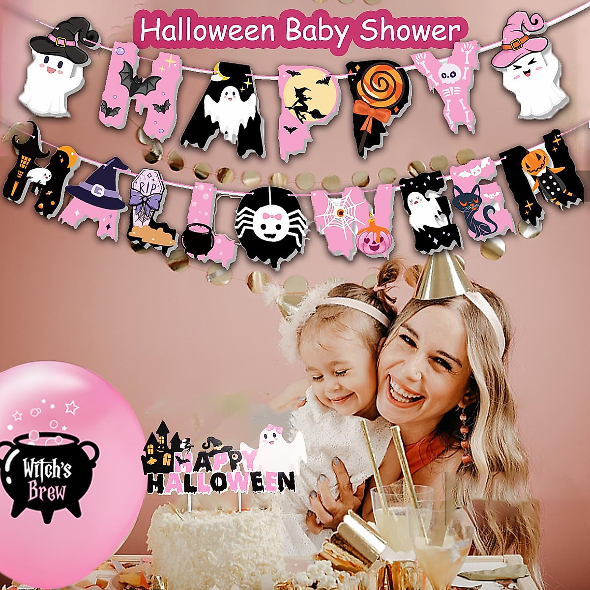 Pink Black Halloween Birthday Party Decorations Kit Happy Halloween Banner Castle Cake Topper Ghost Witch Bat Cupcake Toppers Skeleton Boos Ghost Balloons Kit for Halloween Baby Shower Party Decor