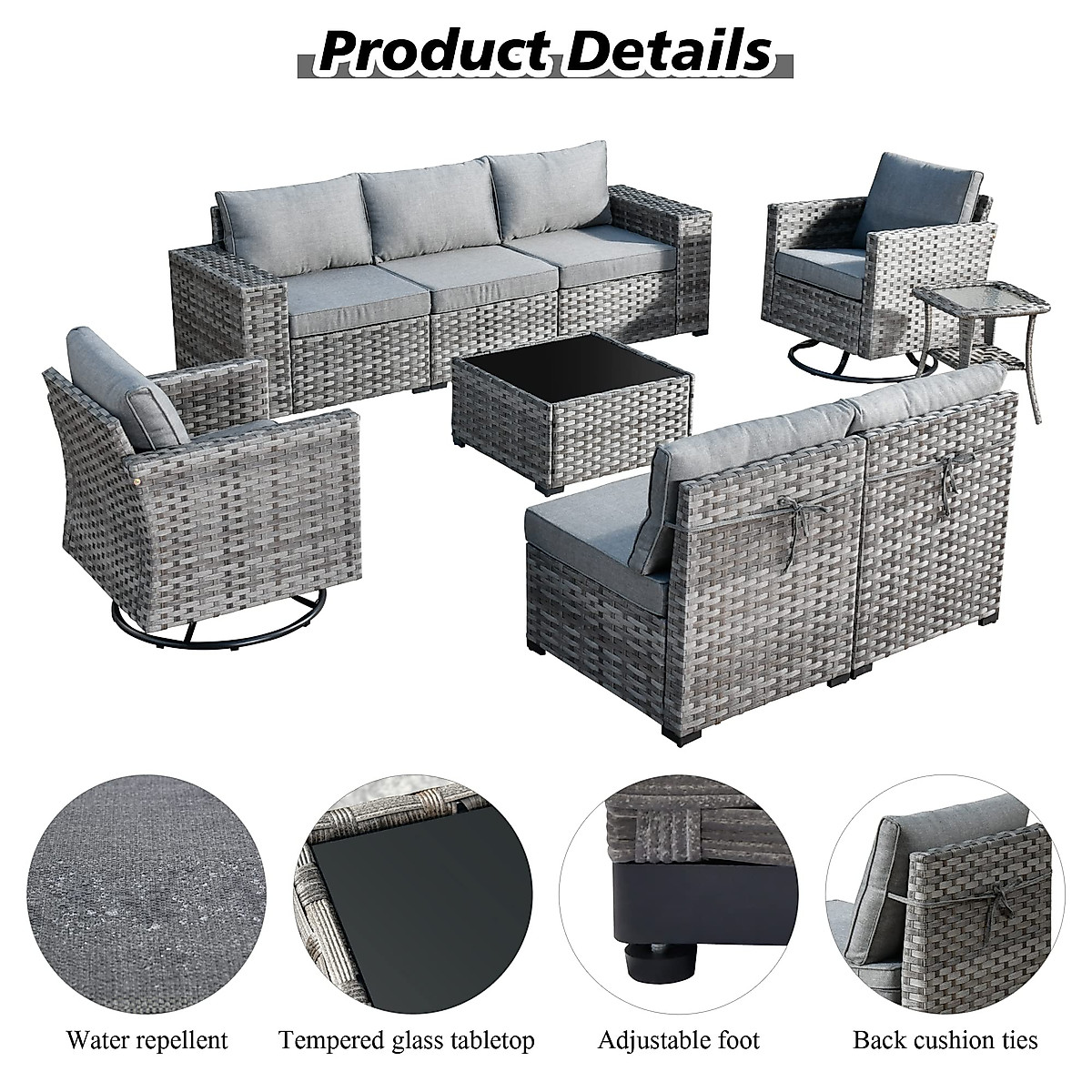 HOOOWOOO Outdoor Patio Sectional Furniture Sofa Set with Fire Pit Table,10 Piece Modern Wicker Couch with Swivel Chairs,Modular Conversation Seating Set with Widened Armrest for Garden(Dark Grey)