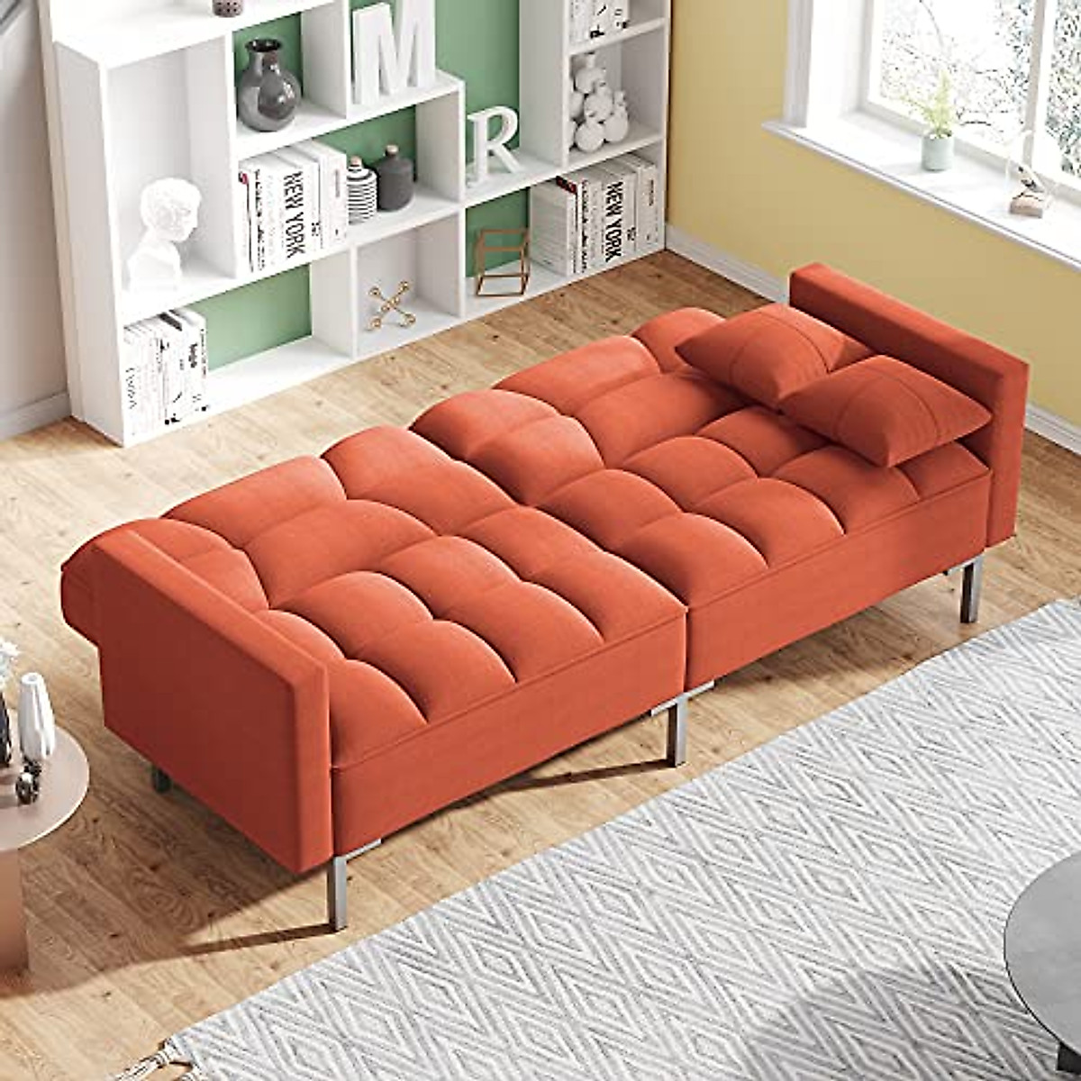 Modern Linen Convertible Futon Sofa Bed, 2-in-1 Sleeper Sofa with 2 Pillows, 3 Adjustable Angles for Backrest, Living Room Couch with 5 Sturdy Metal Legs, Upholstered Loveseat for Home, (Orange)