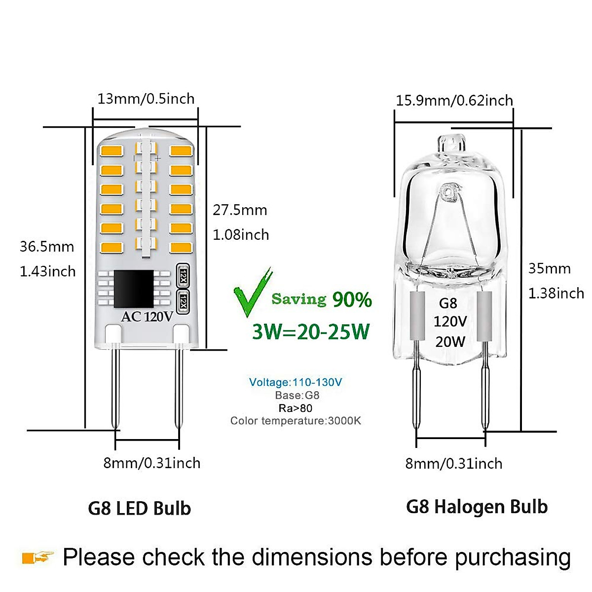 Gaormii G8 LED Bulb Dimmable 3W Warm White 3000K T4 Bi-Pin Base 120V 20W-25W Halogen Bulb Replacement for Under Cabinet, Counter Lighting (12-Pack)