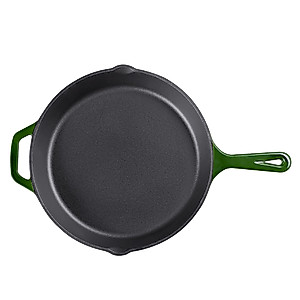 Navaris Enameled Cast Iron Skillet - 12" Frying Pan with Enamel Coated Finish - 12 inch Kitchen Cookware Fry Griddle for Stove Top and Oven - Green