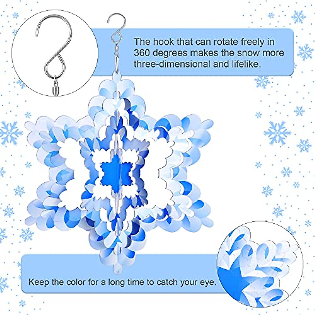 Christmas 3D Snowflake Wind Spinner, Stainless Steel Wind Spinner Christmas Wind Spinner Hanging Wind Chime with Swivel Hook for Indoor Outdoor Garden Decoration, 12 Inch White