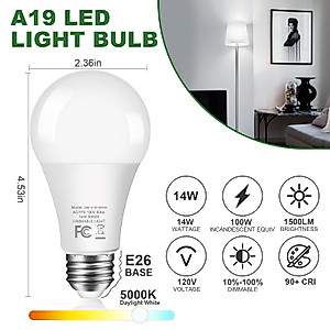 GOZIG 14W 1500LM Dimmable LED Light Bulbs 100 Watt Equivalent Bright A19 LED Bulbs with E26 Medium Base Daylight White 5000K CRI 90+ for Home Office Bedroom Kitchen, 10 Packs