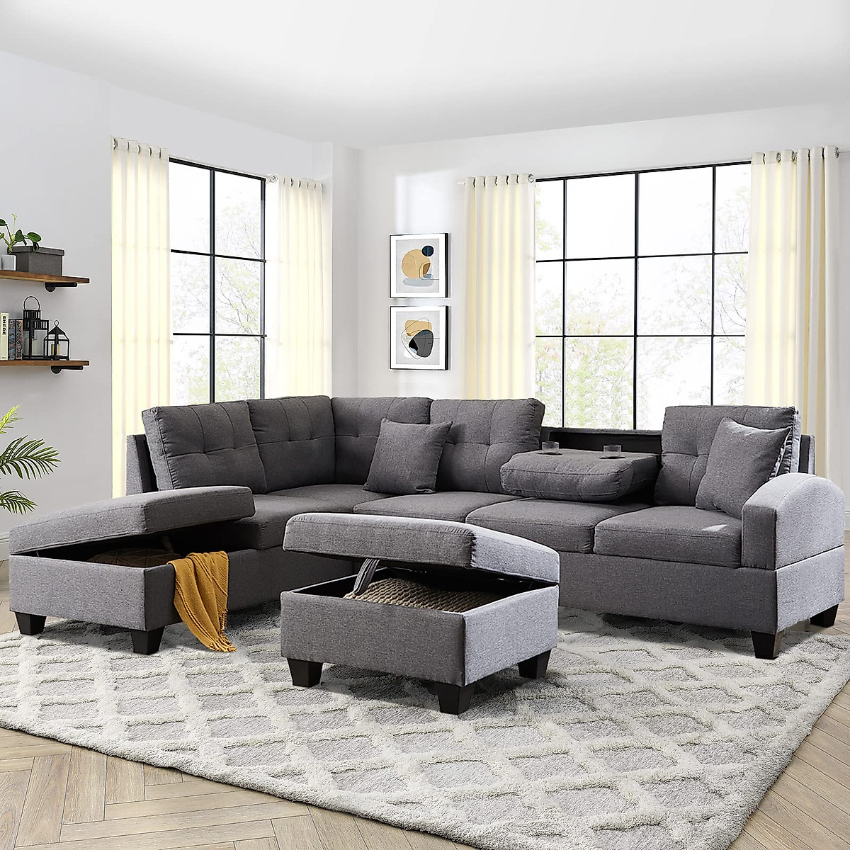 Unovivy Sectional Couches for Living Room, 109" L Shaped Upholstered Sofa with Chaise, Ottoman and Cup Holders, 3-Piece Fabric Furniture Sets, Suitable for Large Space & Apartment, Gray
