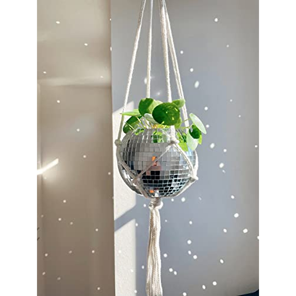 Havenstone Home Hanging Disco Ball Planter 6" with Flat Base - Includes Self-Watering Insert + White Cotton Macrame Plant Hanger- Indoor/Outdoor Plants, Home Décor & Room Décor with Cotton Rope