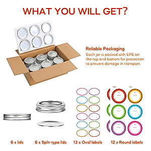 Mcupper 6 Pack Small Mason Jars 8 oz, Half Pint Canning Jars, 6 Split-Type Lids and EXTRA 6 Single Lids Included, Regular Mouth Glass Jars for Canning, DIY & Candle