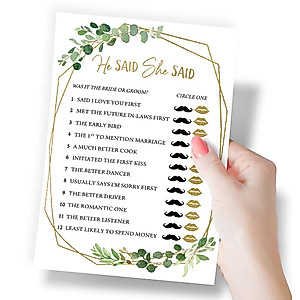 Printed Party Bridal Shower Games – He Said She Said Game with Fun Bride and Groom Trivia, Wedding Shower Activity, Botanical Greenery Theme, 50 Guests