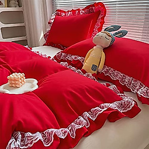 MOOWOO Chic Ruffle Lace Polyester Duvet Cover Set -Girl Red Bedding-3 Piece Full Duvet Cover with Zipper Closure -Ultra Soft and Light Weight (Red, Full Size)