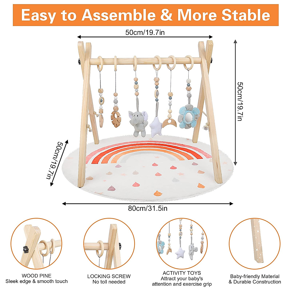 YSSKTC Wooden Baby Play Gym with Mat, Toddler Activity Gym with 6 Hanging Sensory Toys & Mirror, Sturdy Foldable Baby Play Gym Frame for Tummy Time Mat, Newborn Gift for Baby Girls and Boys Gym