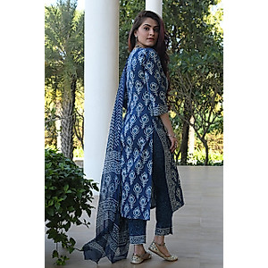 Amayra Women's Rayon Printed Straight Kurti with Palazzos and Dupatta Set(Blue,M)