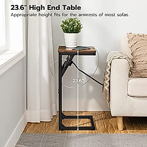 HOOBRO C-Shaped End Table with Charging Station, Narrow Sofa Side Table for Small Space, Industrial Bedside Table with Metal Frame for Study, Living Room, Bedroom, Couch, Rustic Brown BF06USF01
