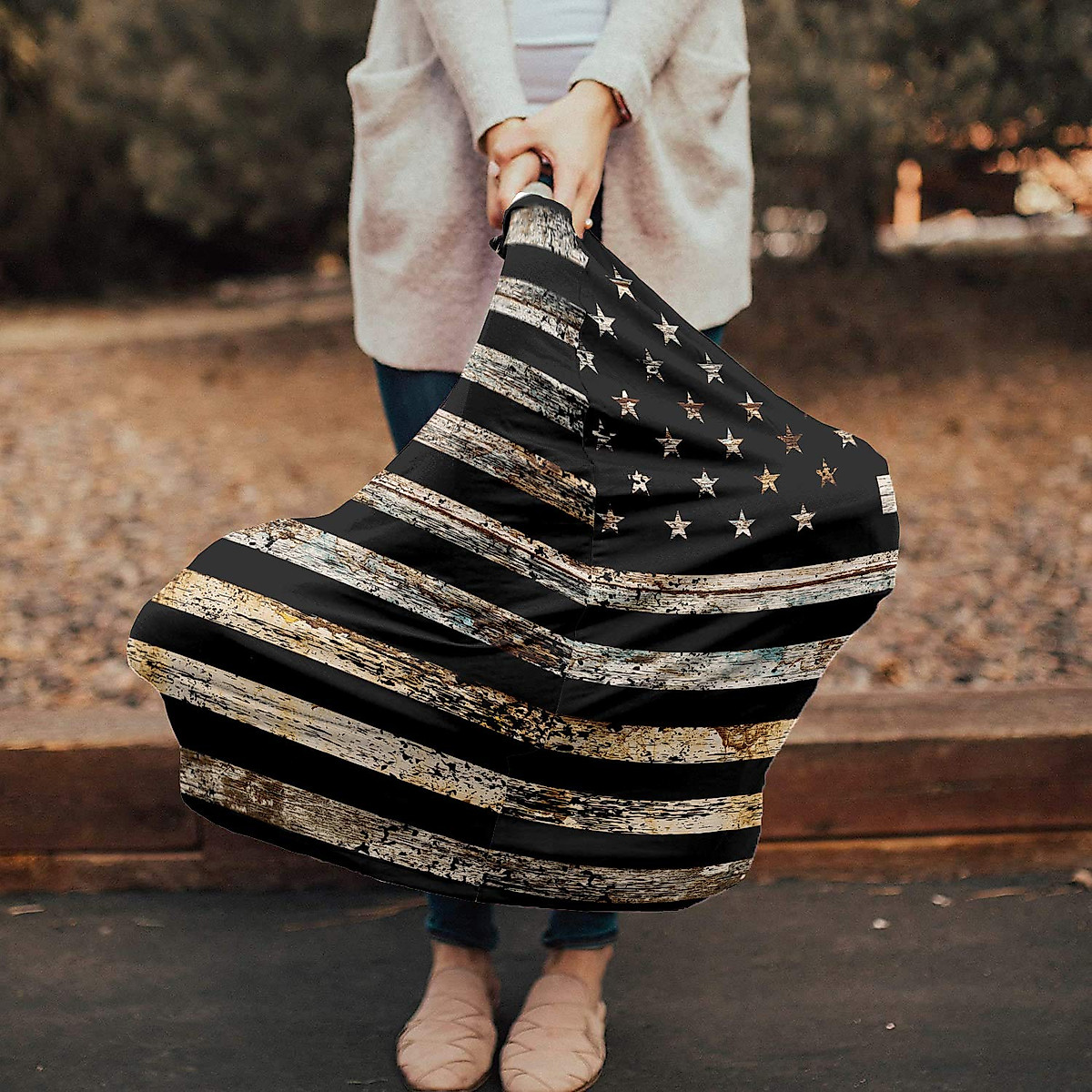 Shabby Chic American Flag on Wooden Grain Baby Nursing Cover for Breastfeeding, Breathable Stretchy Nursing Scarf Carseat Canopy for Boys or Girls Stroller Car Seat Covers Western Farm