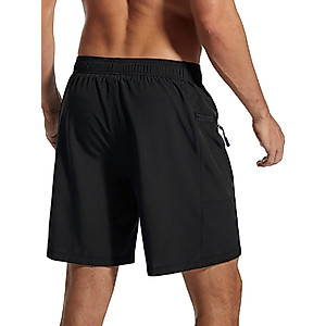 SILKWORLD 7 Inch Swim Trunks for Men Swimsuit with Compression Liner Bathing Suit Quick Dry Swim Shorts with Zipper Side Pockets,Black,Large
