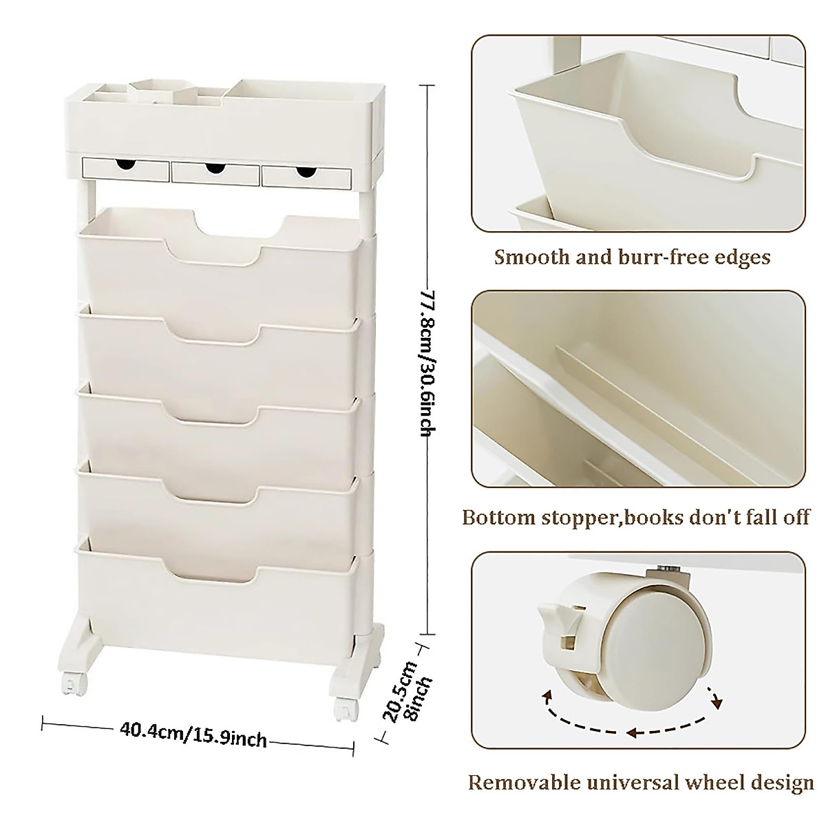 HM&DX 6 Tier Rolling File Carts with Wheels,Tall Narrow Bookshelf,Utility Cart with Wheels,Classroom Deskside Movable Book Shelf,Multi-Functional Storage Shelves for Office Kitchen Classroom