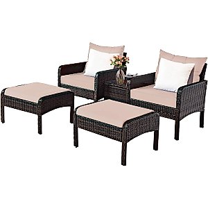 Tangkula Wicker Furniture Set 5 Pieces PE Wicker Rattan Outdoor All Weather Cushioned Sofas and Ottoman Set Lawn Pool Balcony Conversation Set Chat Set