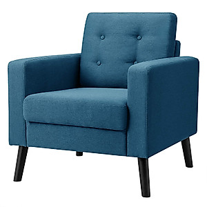 ReunionG Modern Accent, Mid Century Armchair W/Rubber Wood Legs, Linen Single Sofa W/Fabric Cushion, Upholstered Arm Chair for Living Room, Office, Bedroom (Blue)