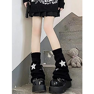 Attria Y2k Star Pattern Knitted Leg Warmers Socks Punk Japanese Kawaii Streetwear Leg Cover for Women Knee High Leg Socks (Black,one size)