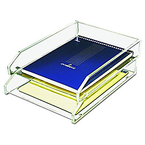 Kantek Clear Acrylic Double Letter Tray, 2 Tier Stackable Desk Organizer, Front loading, 10.6" x 13.9" x 4.8", Non-Skid Feet, Office Organizer, Desk Accessory