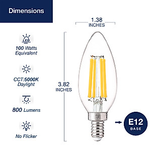 FLSNT 100W Equivalent Candelabra LED Bulbs 5000K Daylight, Dimmable LED Chandelier Light Bulbs for Dining Room, Living Room, Porch, 800LM, E12 Base, 6 Pack