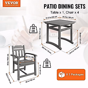 VEVOR 5 Pieces Patio Dining Set, Outdoor Square Furniture Table and Chairs, All Weather Garden Furniture Table Sets, HIPS Small Patio Conversation Set, for Lawn, Deck, Backyard, Poolside, Light Gray