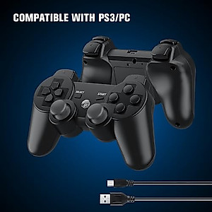 ewnol Wireless Controller for PS3, 2 Pack Play-station 3 Controller with Double Shock, Motion Control, 2 Charging Cables - Black