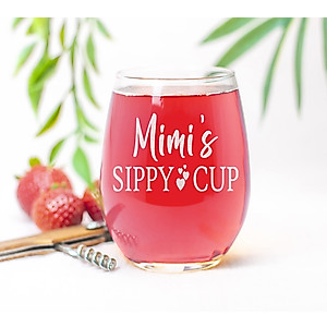 CARVELITA Mimi's Sippy Cup, 15oz Stemless Wine Glass, Funny Birthday Christmas Mother Day Gifts For New Grandma, Mimi, Grandmother, Mom, From Daughter, Son