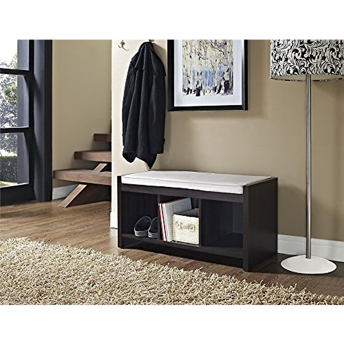 Ameriwood Home Penelope Entryway Storage Bench with Cushion, Espresso 17.68 in. high x 35.91 in. wide x 15.75 in. deep