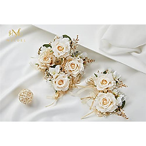 Meldel Champagne Prom Flower Wrist Corsage for Wedding, Set of 6, Rose Wrist Flower for Mother of Bride and Groom , Bride Bridesmaid Girl Women Party, Homecoming Ceremony Anniversary